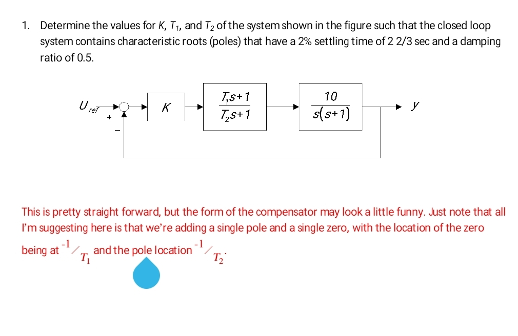 1. Determine the values for K, T, and T2 of the | Chegg.com