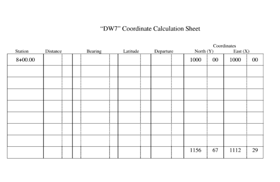 “DW7" Coordinate Calculation Sheet Distance Bearing | Chegg.com