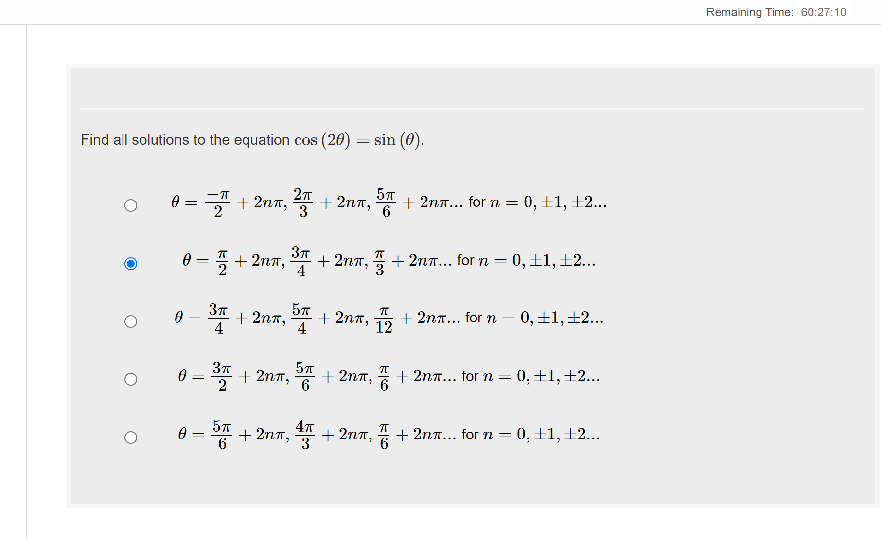 Solved Find all solutions to the equation cos(2θ)=sin(θ). | Chegg.com