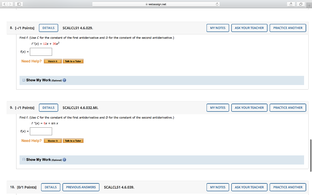 Solved webassign.net Find the most general antiderivative of | Chegg.com