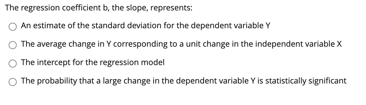 Solved The regression coefficient b, the slope, represents: | Chegg.com