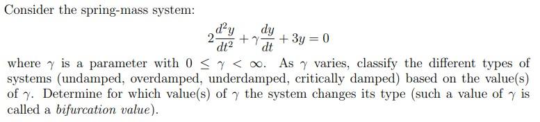 Solved dy dt Consider the spring-mass system: dy 2 + + 3y = | Chegg.com
