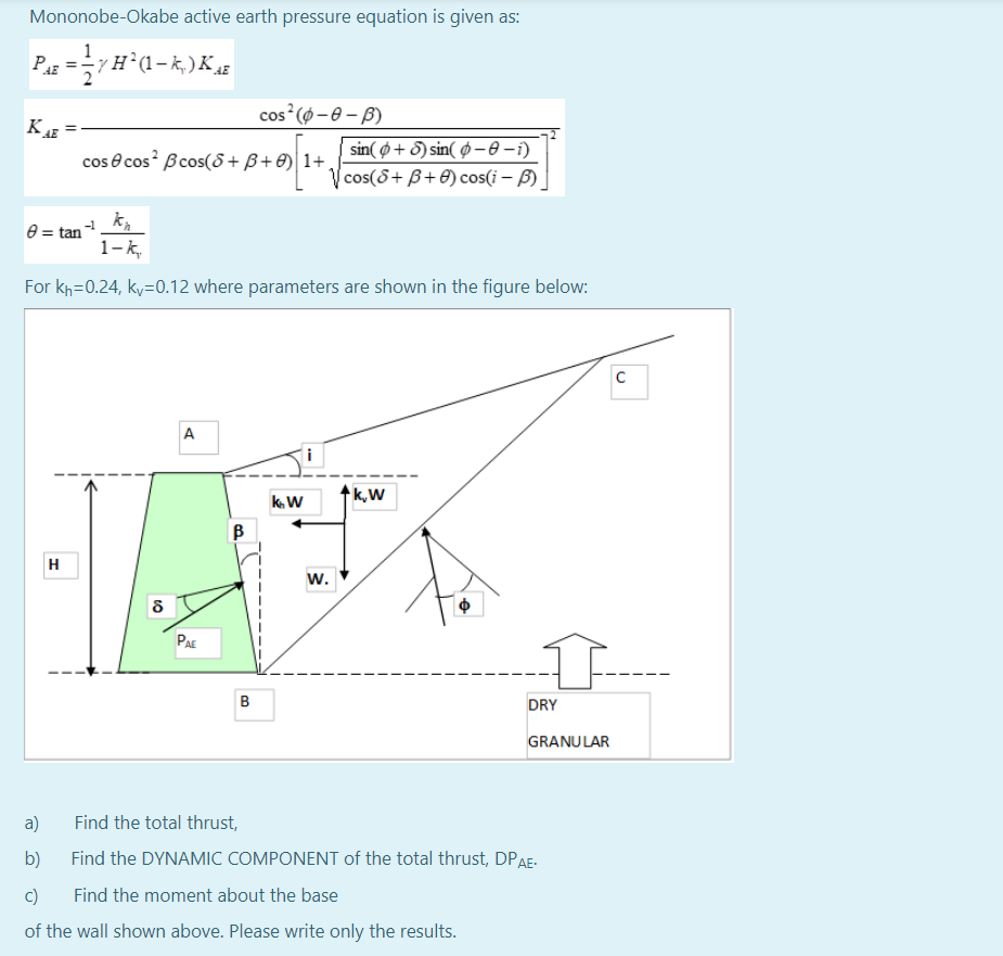 Solved Mononobe-Okabe active earth pressure equation is | Chegg.com