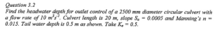 Solved Question 3.2 Find the headwater depth for outlet | Chegg.com