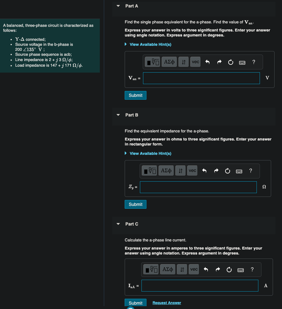 Solved A balanced, three-phase circuit is characterized as | Chegg.com