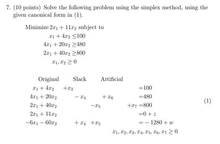 Solved 7. (10 points) Solve the following problem using the | Chegg.com