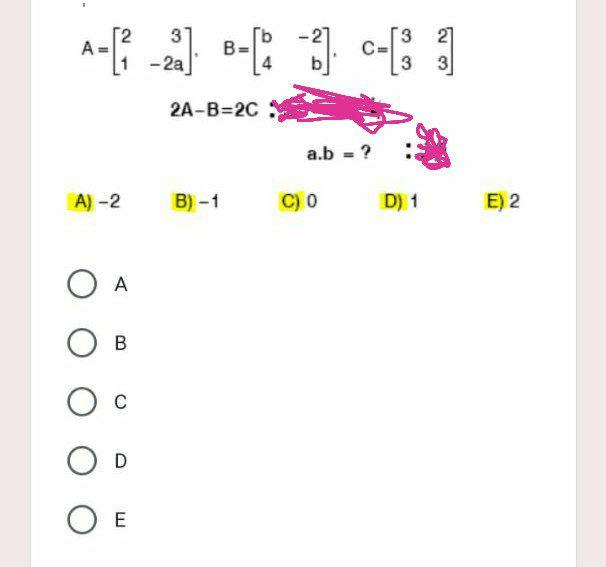 Solved 12 AE 3 B [ 2]. c-[3 -2a 3 2A-B=2C a.b = ? A) -2 B)-1 | Chegg.com
