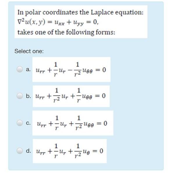 Solved In polar coordinates the Laplace equation: v2u(x, y) | Chegg.com