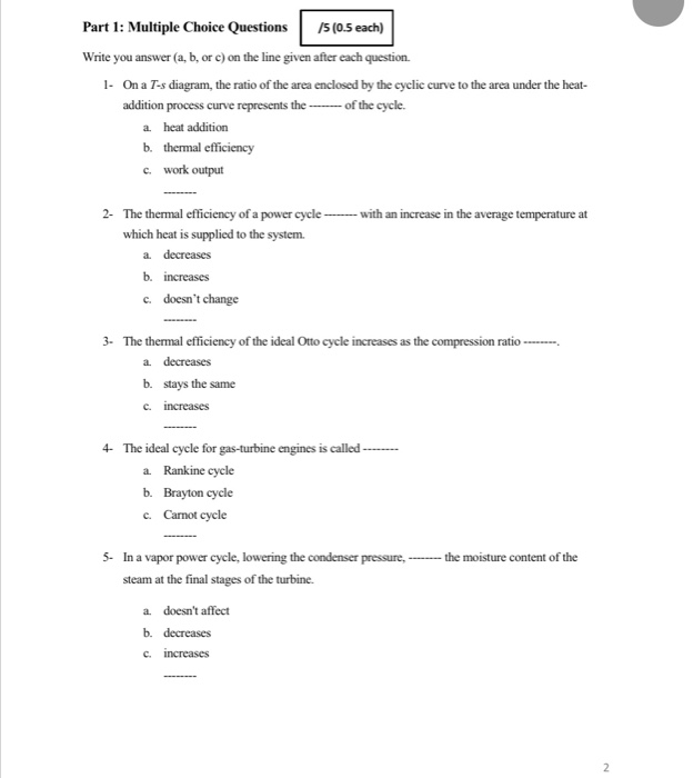 Solved Part 1: Multiple Choice Questions 5(0.5 each) Write | Chegg.com