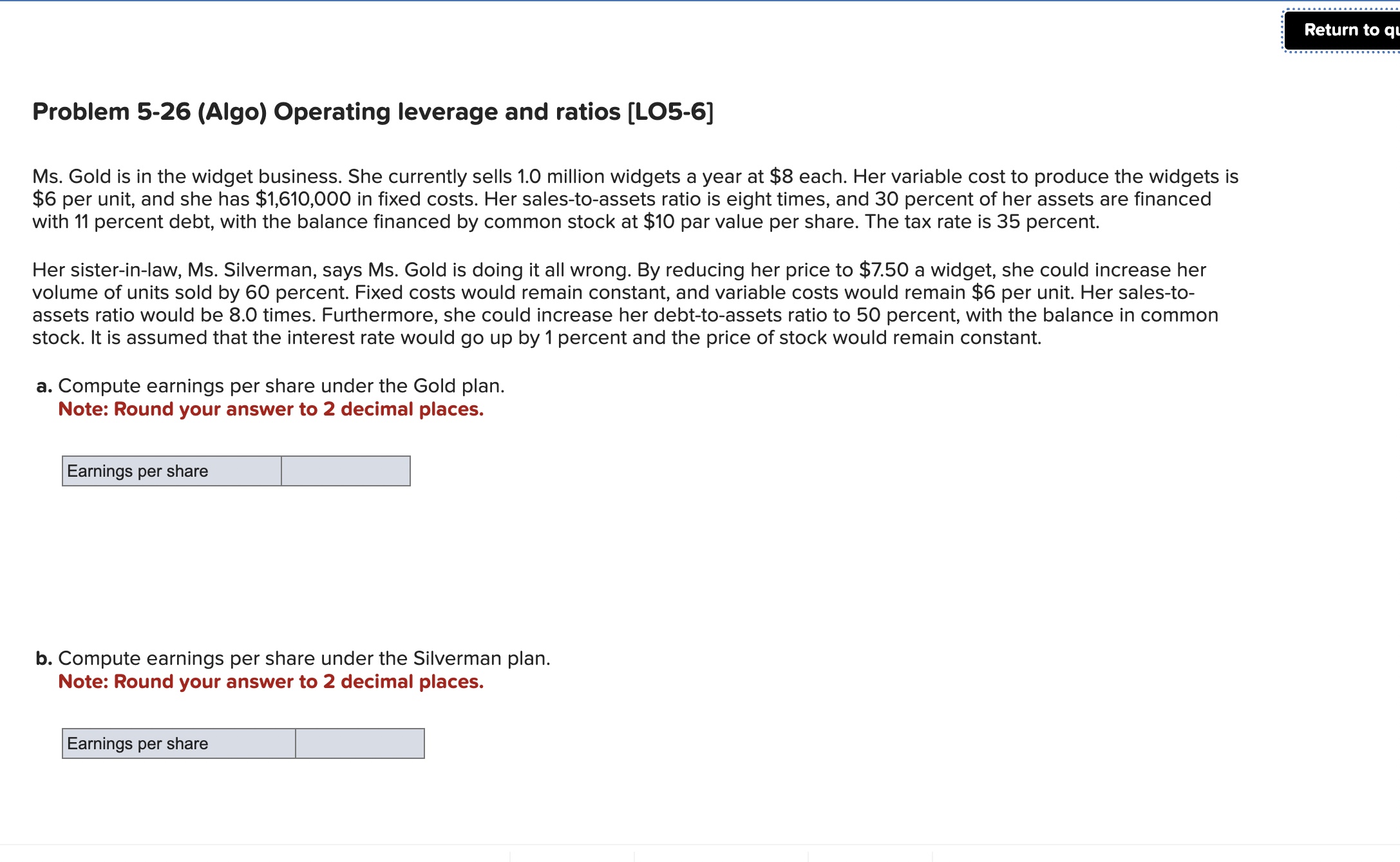 Solved Problem 5-26 (Algo) Operating leverage and ratios | Chegg.com