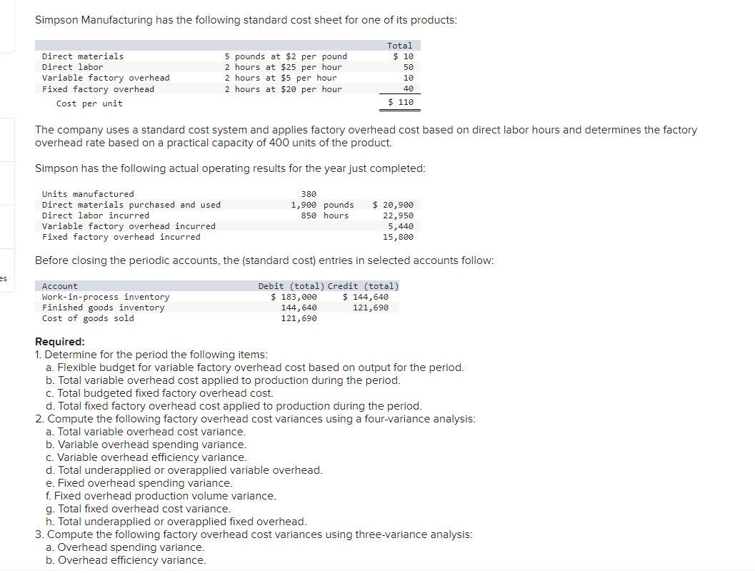 Solved Simpson Manufacturing has the following standard cost | Chegg.com
