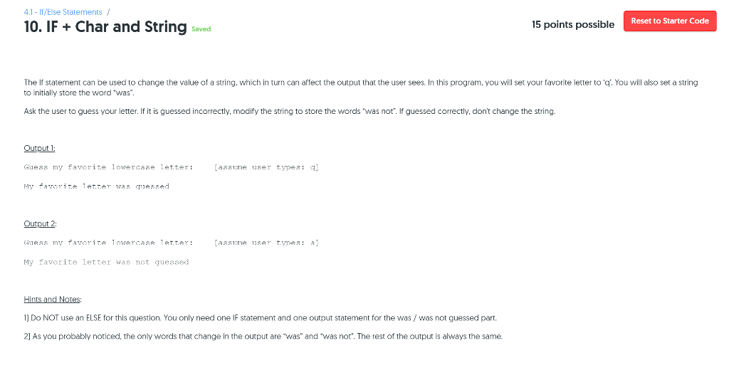 Solved 4.1 - If/Else Statements / 10. IF + Char and String | Chegg.com