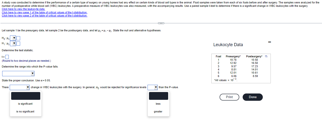 Solved Let sample 1 be the presurgery data, let sample 2 be | Chegg.com