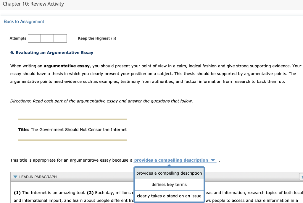 6. Evaluating an Argumentative Essay When writing an | Chegg.com