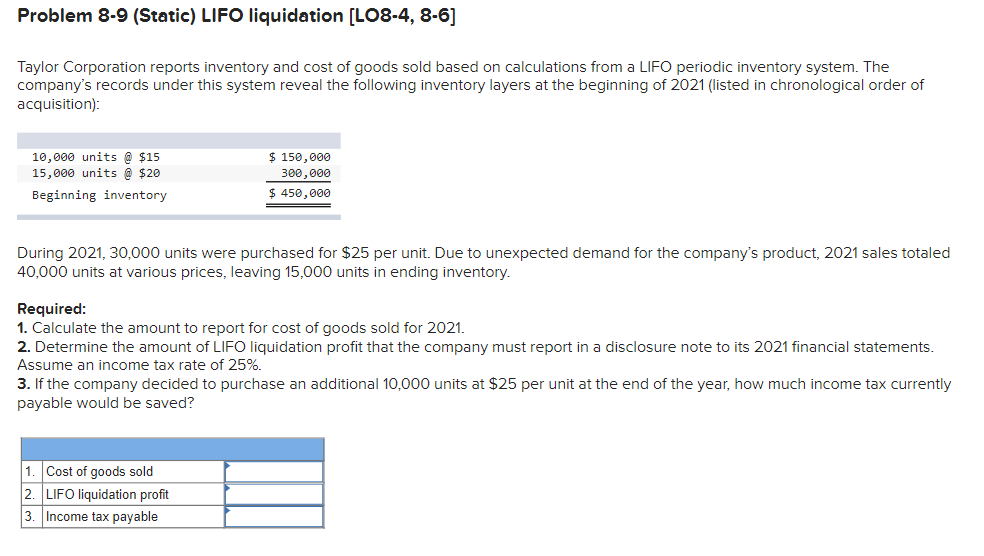 Solved Problem 8-9 (Static) LIFO liquidation (LO8-4, 8-6] | Chegg.com