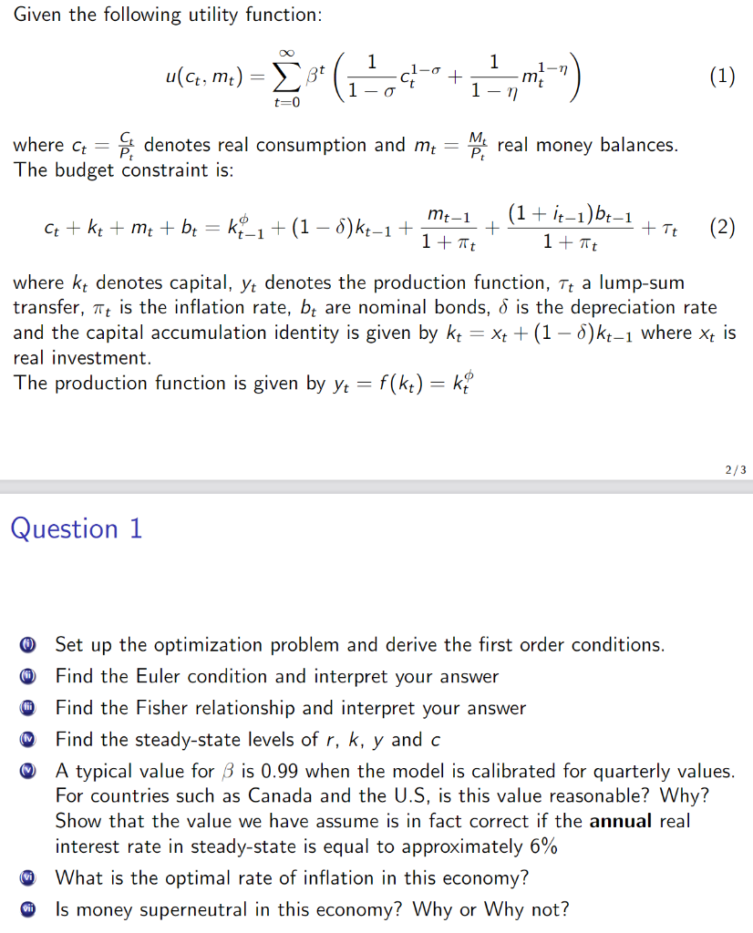 Solved Given the following utility function: | Chegg.com