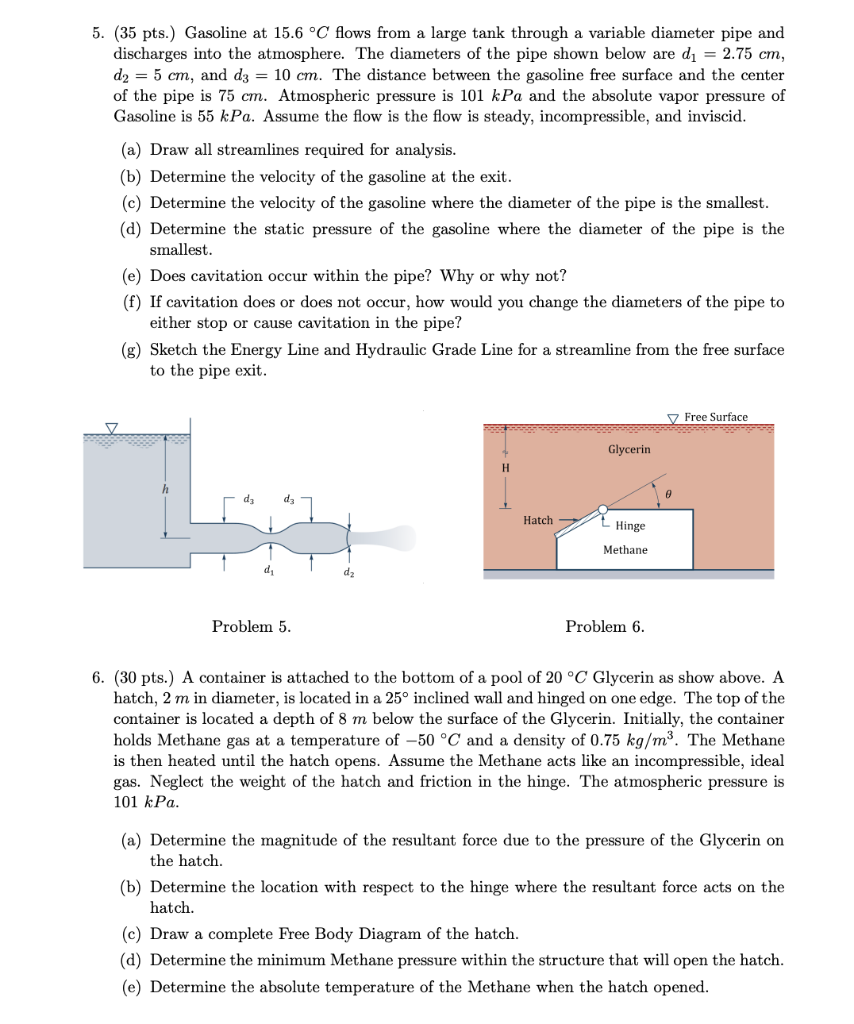 Solved 5. (35 pts.) Gasoline at 15.6∘C flows from a large | Chegg.com