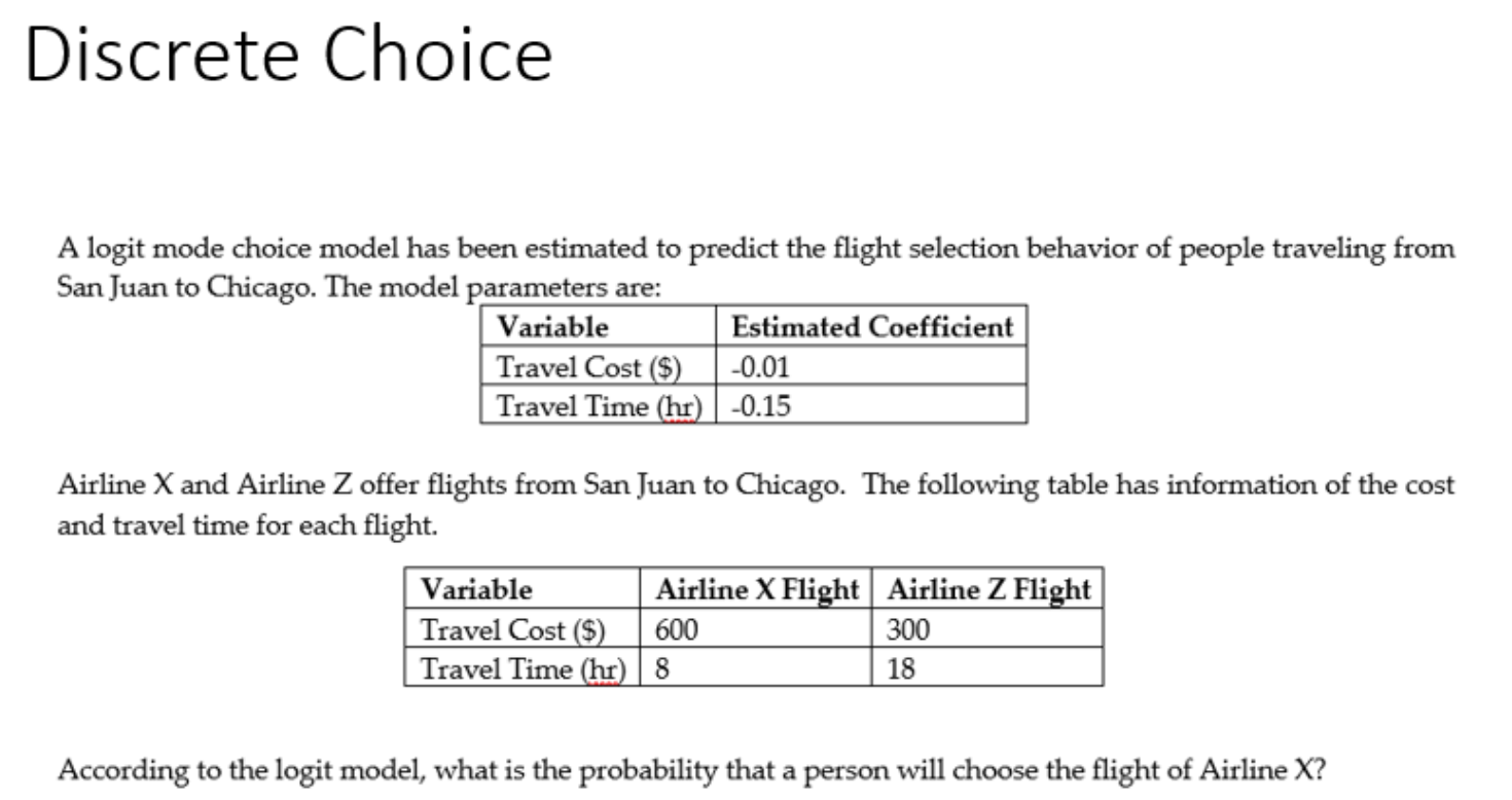 Solved Discrete Choice A Logit Mode Choice Model Has Been
