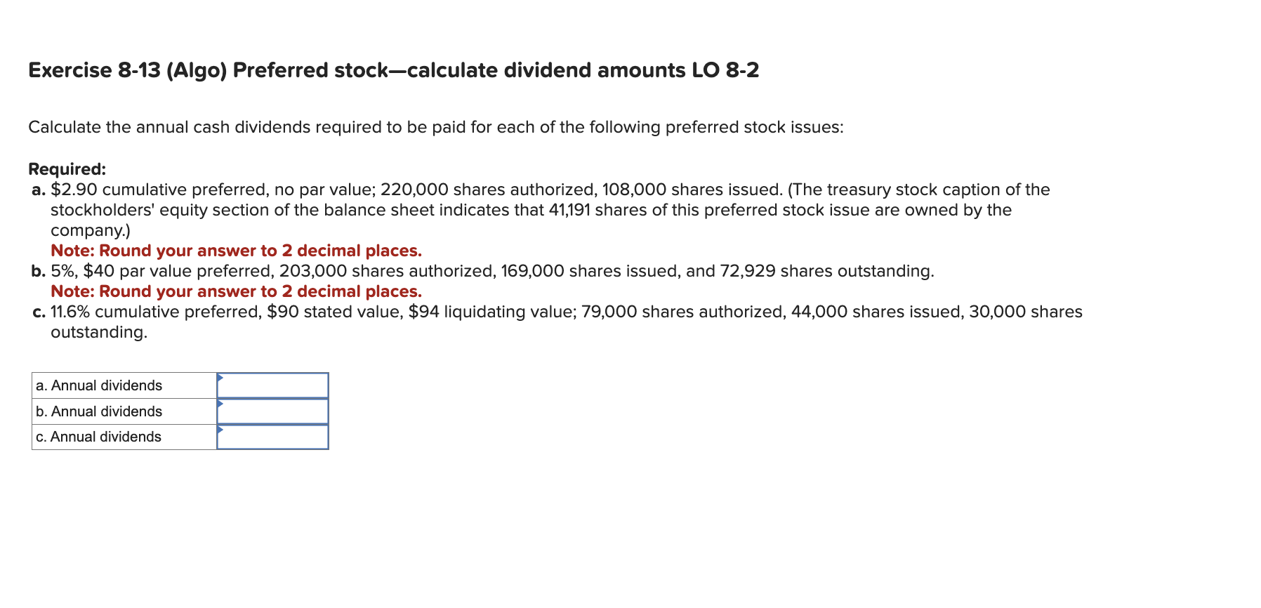 Solved Exercise 8-13 (Algo) Preferred stock-calculate | Chegg.com