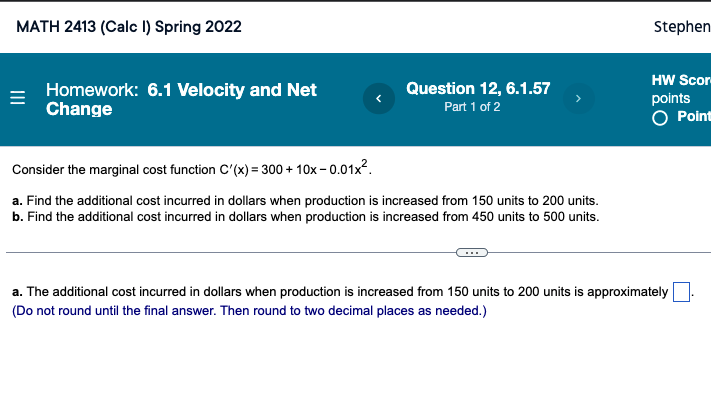 Solved MATH 2413 (Calc I) Spring 2022 Stephen HW Scor points | Chegg.com