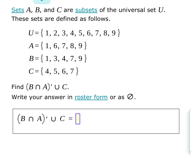 Solved Sets A, B, and Care subsets of the universal set U. | Chegg.com