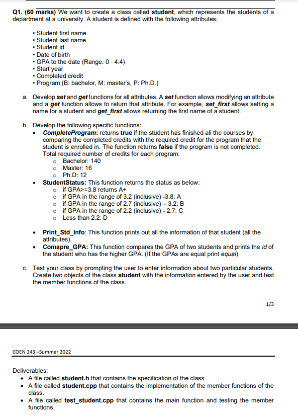Solved Q1. (60 marks) We want to create a class called | Chegg.com