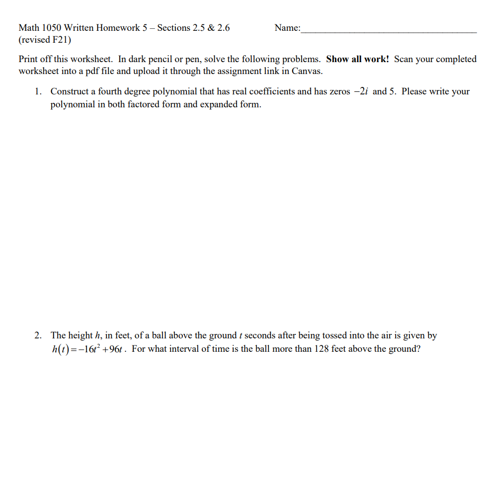 Solved Name: Math 1050 Written Homework 5-Sections 2.5 & 2.6 | Chegg.com