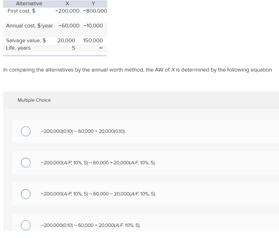 Solved Alternative First cost, $ х Y -200,000 -800,000 | Chegg.com