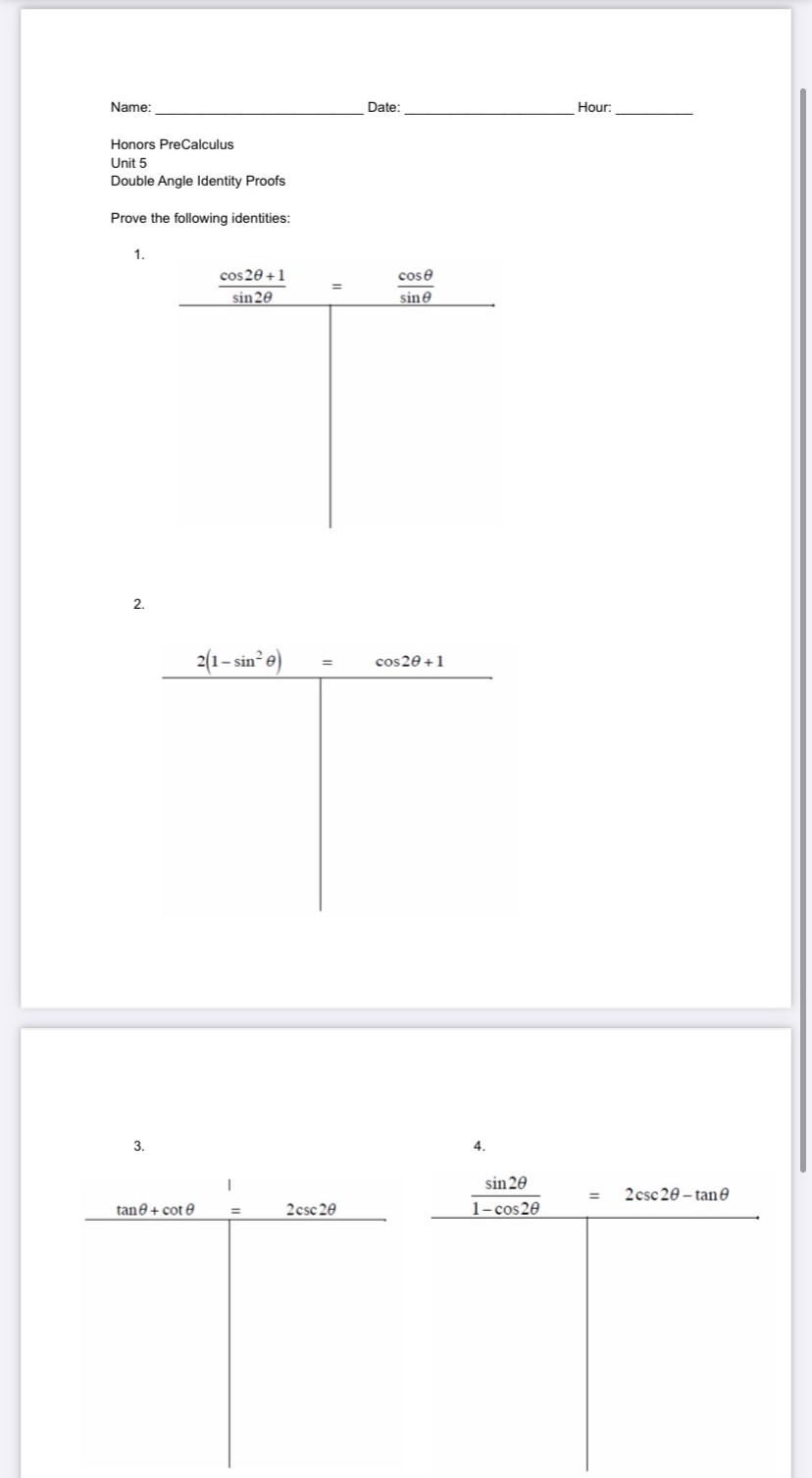 Solved Name: Date: Hour: Honors PreCalculus Unit 5 Double | Chegg.com