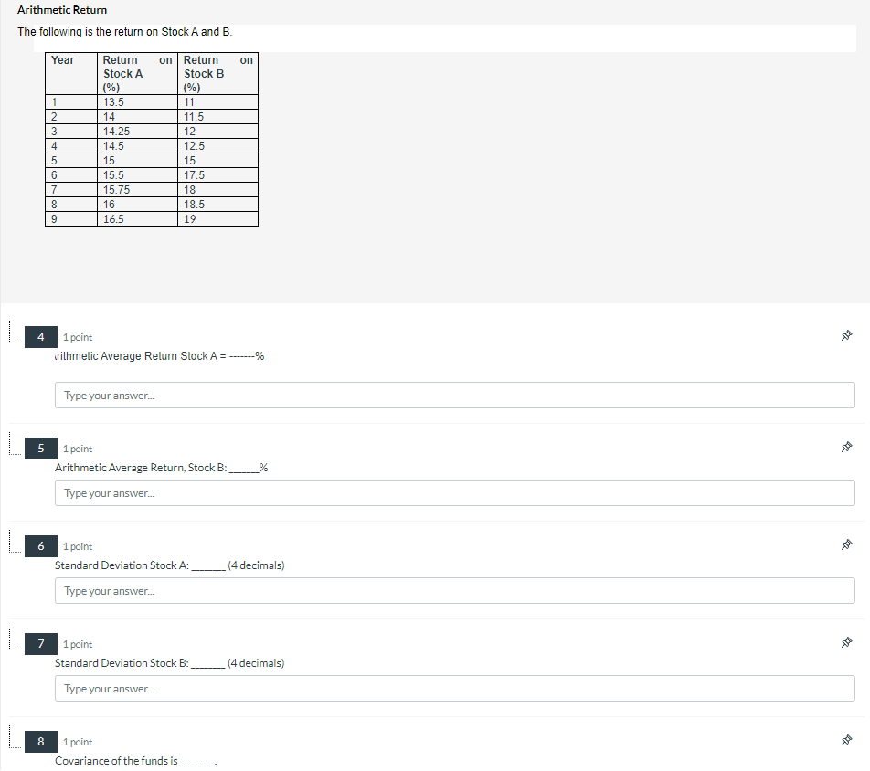 Solved 41 ﻿pointvithmetic Average Return Stock A = - - %Type | Chegg.com