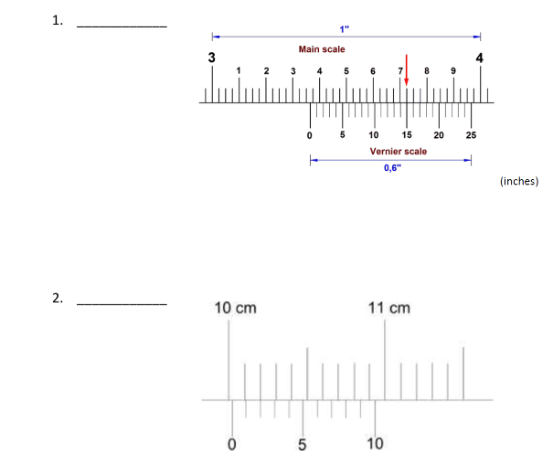 Solved 1. 1" -- 3 Main scale 1 2 3 4 5 6 7 8 9 0 5 10 15 20 | Chegg.com