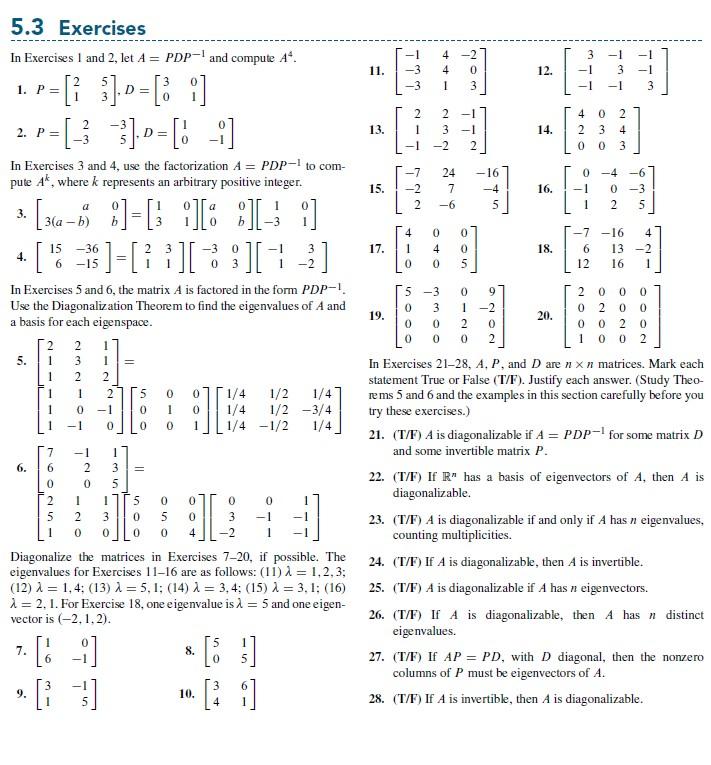 Solved 5.3 Exercises In Exercises 1 and 2, let A = PDP-1 and | Chegg.com