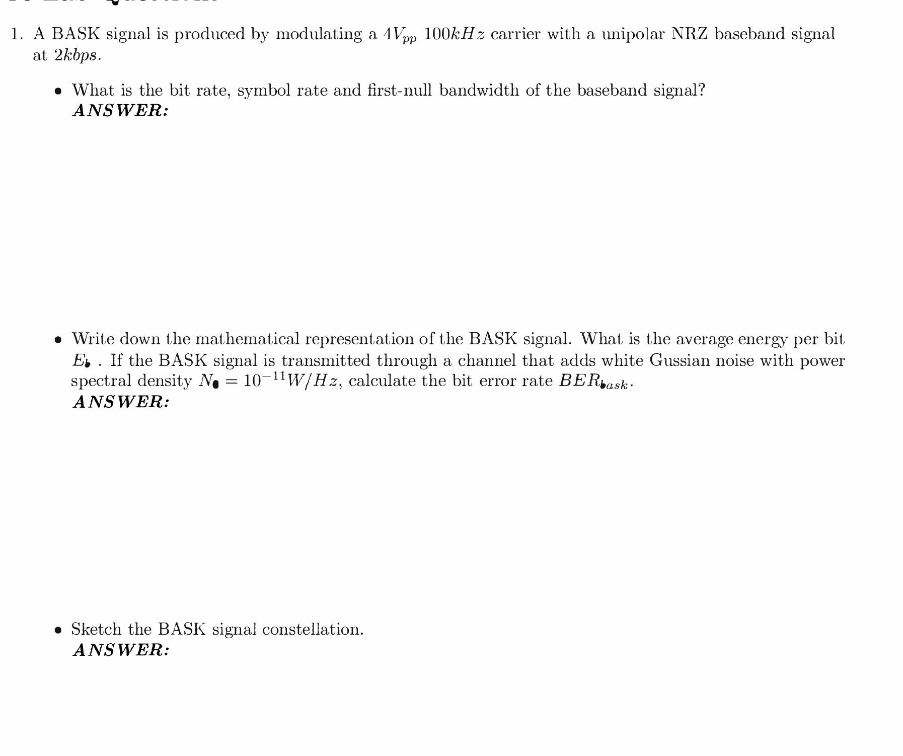 Solved A BASK signal is produced by modulating a 4Vpp100kHz | Chegg.com