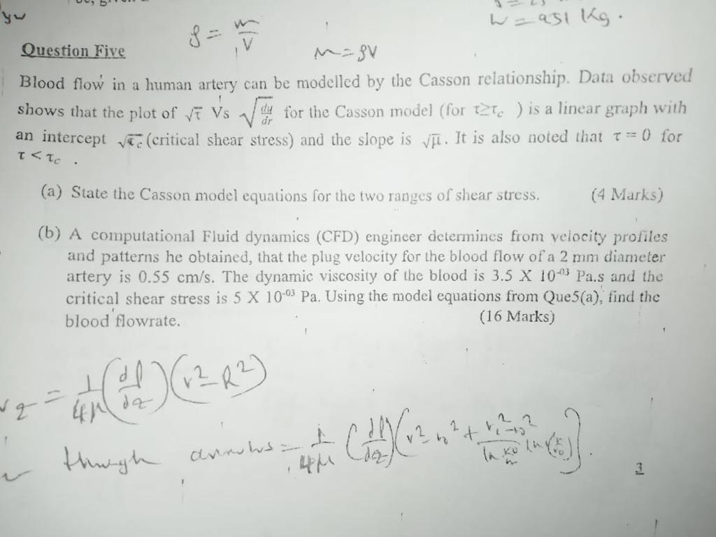 yu W V 8= waa51 kg. Question Five nasv Blood flow in | Chegg.com
