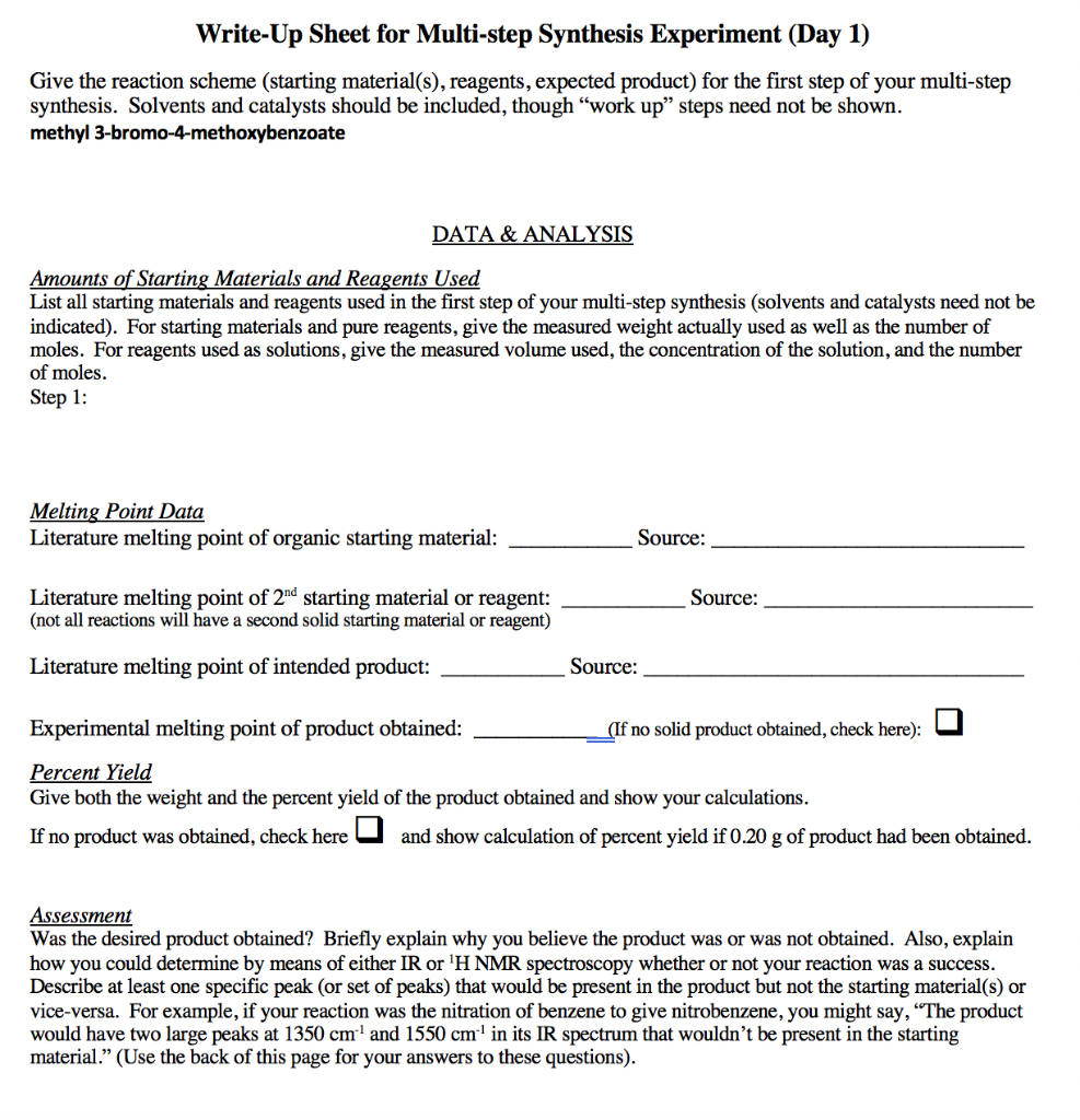 Solved Write-Up Sheet for Multi-step Synthesis Experiment | Chegg.com