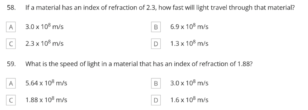Solved 58. If a material has an index of refraction of 2.3, | Chegg.com