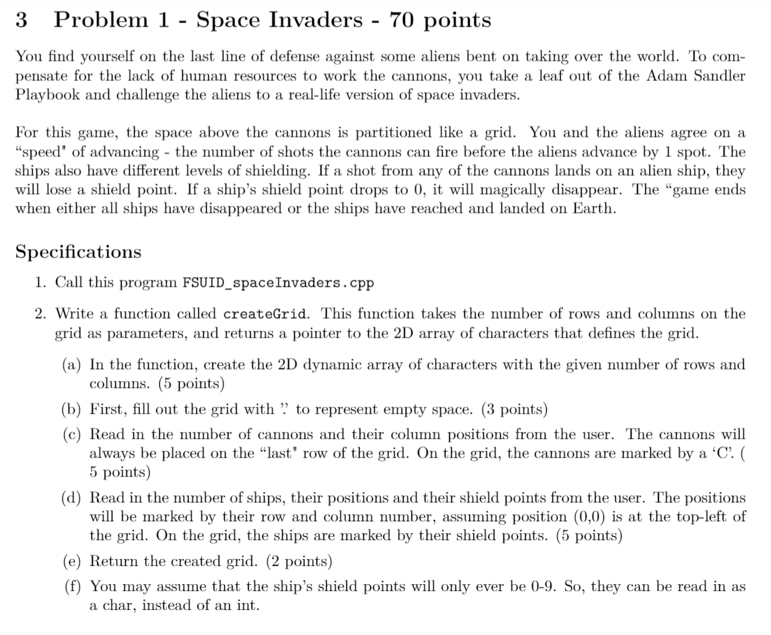 Solved 3 Problem 1 - Space Invaders - 70 points You find | Chegg.com