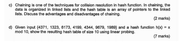 Solved c) Chaining is one of the techniques for collision | Chegg.com