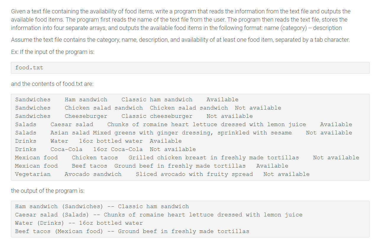 Solved Given a text file containing the availability of food | Chegg.com
