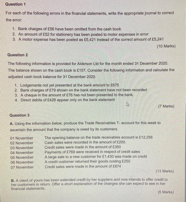 Solved Question 1 For each of the following errors in the | Chegg.com