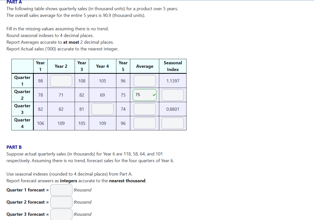Solved PART AThe following table shows quarterly sales (in | Chegg.com