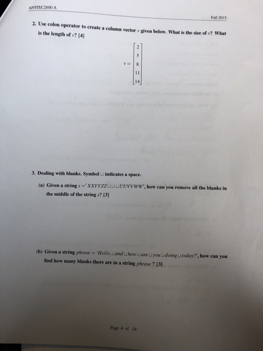 Solved Fall 2015 2. Use colon operator to create a column | Chegg.com
