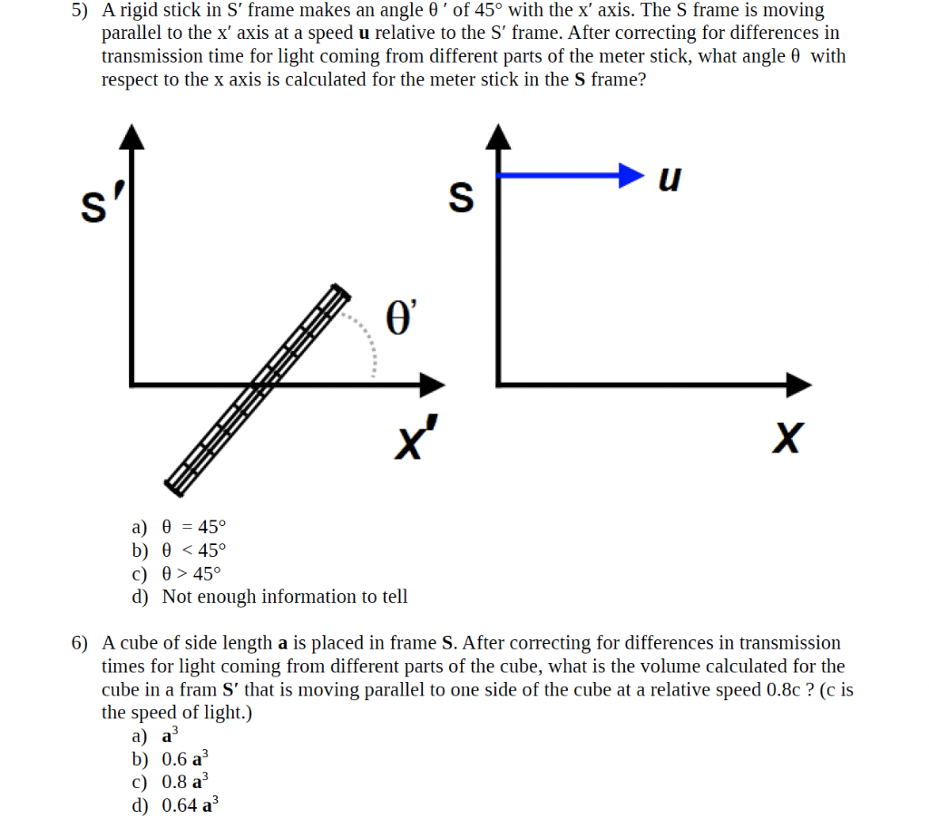 Solved 5) A rigid stick in S' frame makes an angle 0' of 45° | Chegg.com