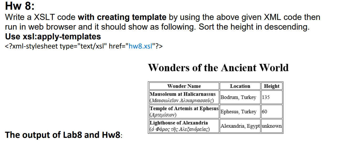 Solved Hw 8: Write a XSLT code with creating template by | Chegg.com Solved Hw 8: Write a XSLT code with creating template by | Chegg.com