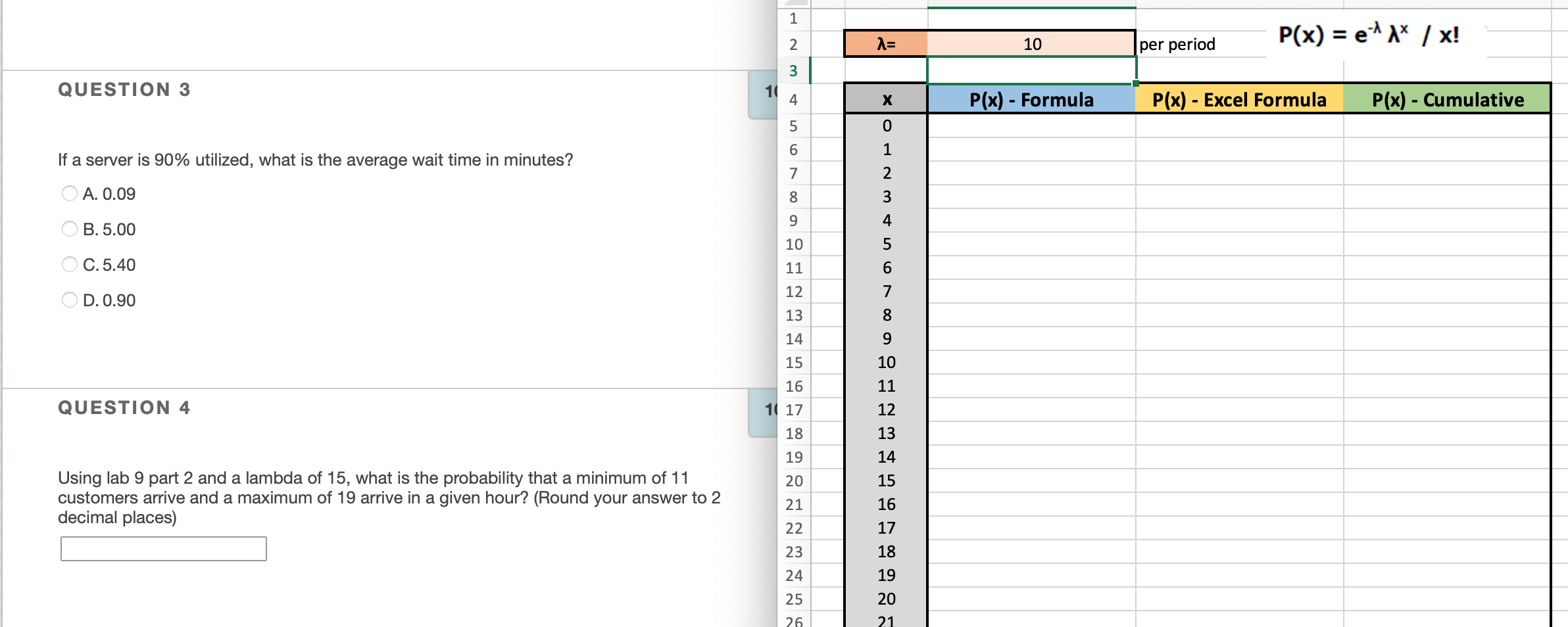 Solved 1 P(x) = e* x! λ= 10 per period 2 3 3 QUESTION 3 10 4 | Chegg.com