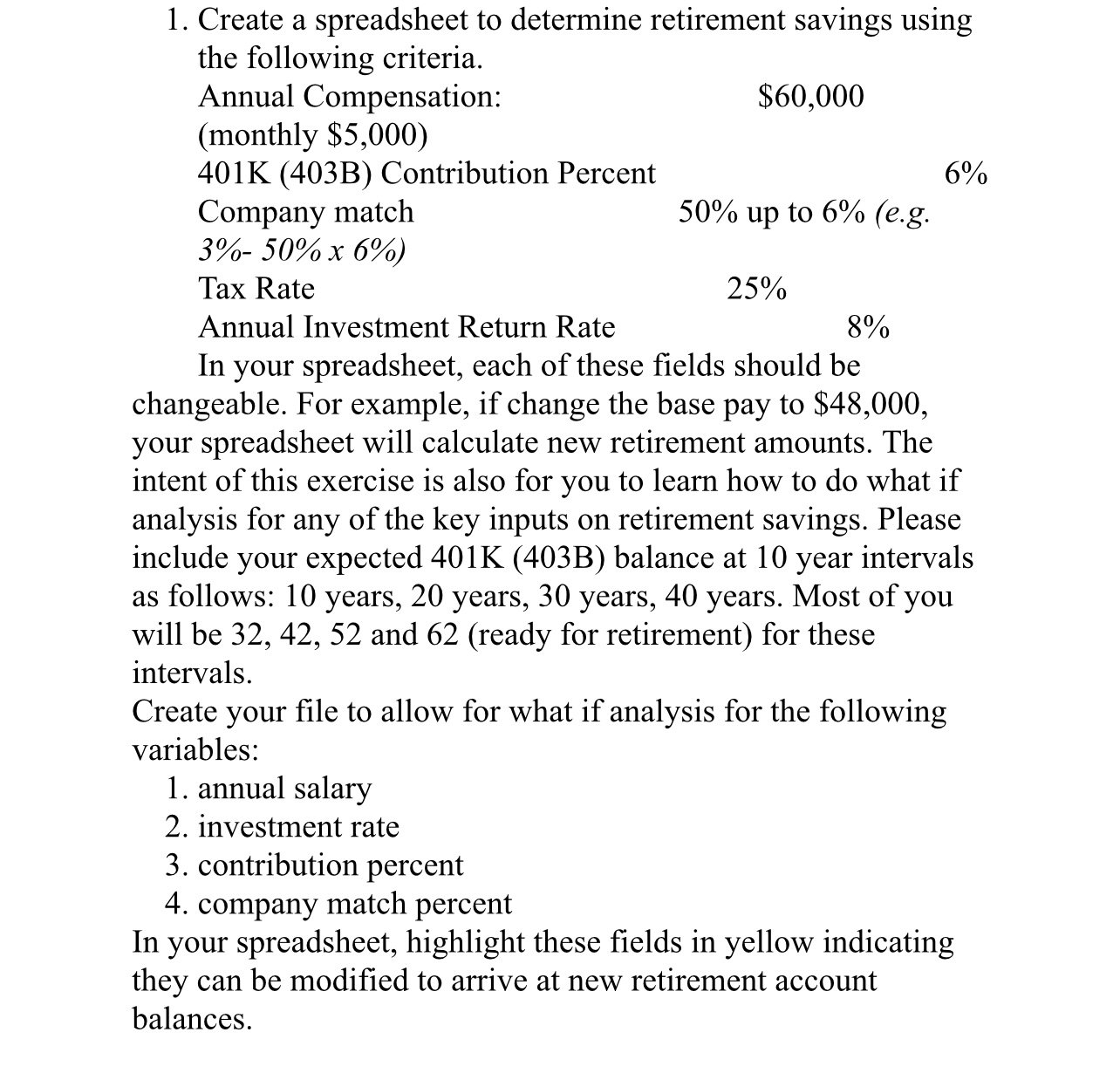 Solved 401K(403B) Spreadsheet Learning Objectives: 1. | Chegg.com