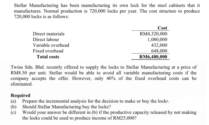 Solved Stellar Manufacturing has been manufacturing its own | Chegg.com
