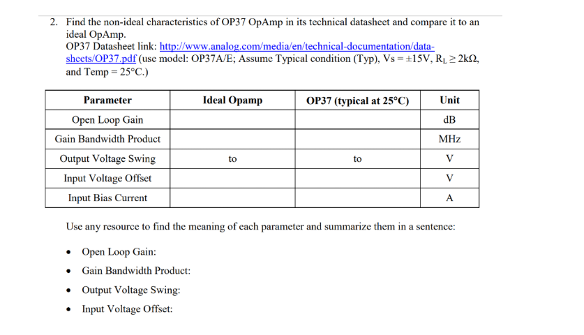 Solved 2.Find the non-ideal characterstics of OP37Opmpint | Chegg.com