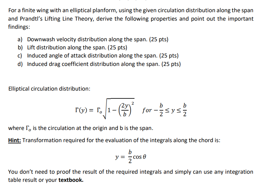 Solved For a finite wing with an elliptical planform, using | Chegg.com