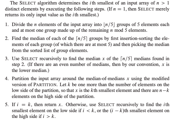 The SELECT algorithm determines the i th smallest of | Chegg.com